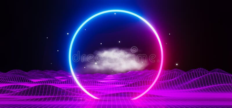 Futuristic Blue Purple Neon Circle Frame,wireframe Wave Landscape ...