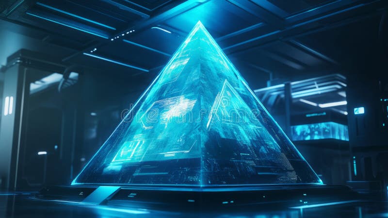 Futuristic Blue Pyramid Structure Displaying Digital Data in a Sci-fi Laboratory at Night Stock ...