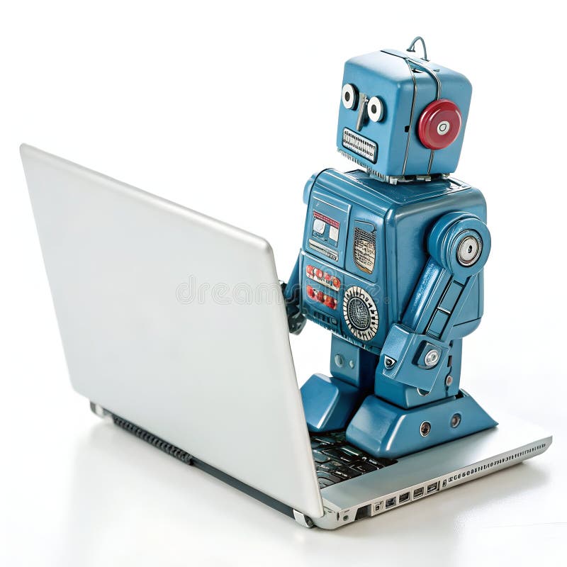 Blue Robot Sitting on Laptop Isolated on White Stock Image - Image of ...