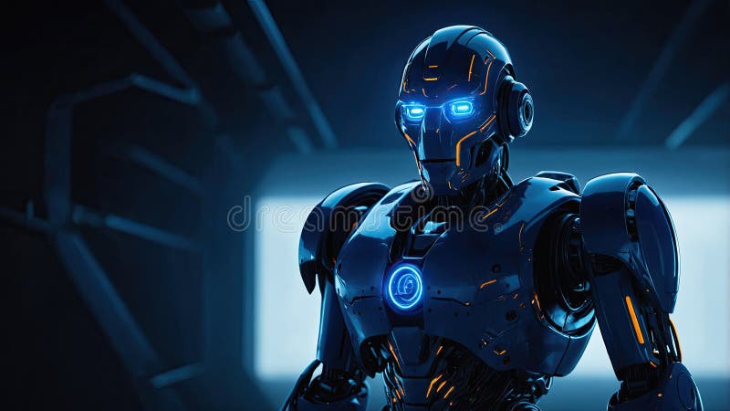 Futuristic Blue Robotic Figure with Glowing Eyes in a High-tech ...