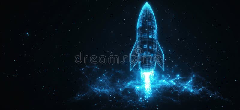 Futuristic Blue Rocket Launch in Space with Glowing Particles and ...
