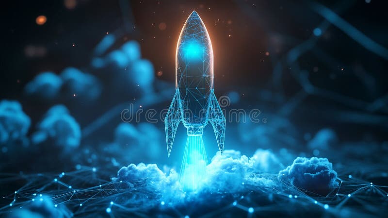 Abstract Blue Rocket Launch Digital Art Futuristic Network Technology ...