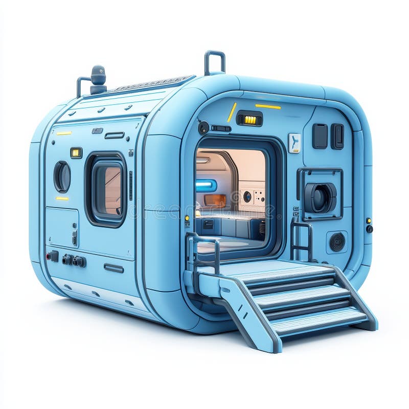 Futuristic Blue Space Module with Open Doorway and Solar Panel Roof ...
