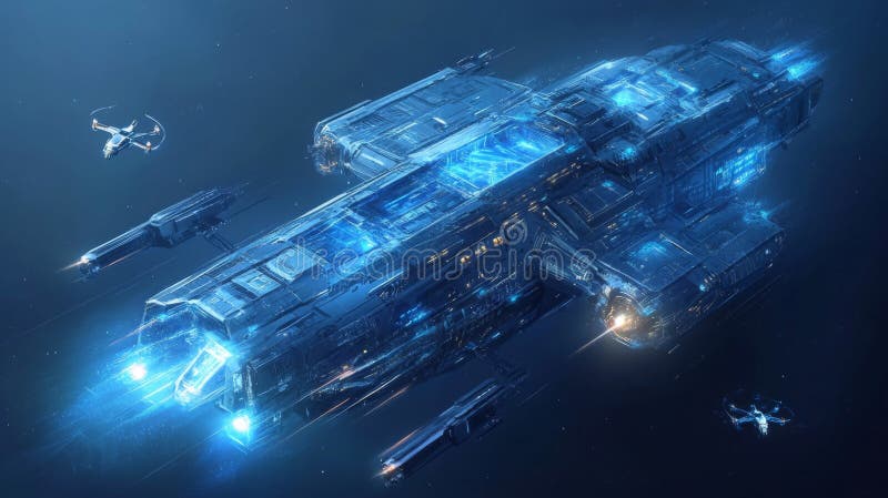 Futuristic Blue Spaceship Fleet in Deep Space Stock Illustration ...