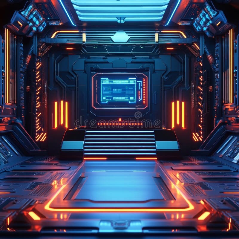 Futuristic Blue Spaceship Interior with Glowing Lights, 3d Rendering ...