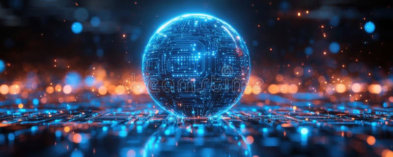 Futuristic Blue Sphere with Digital Circuits in a Glowing Environment ...