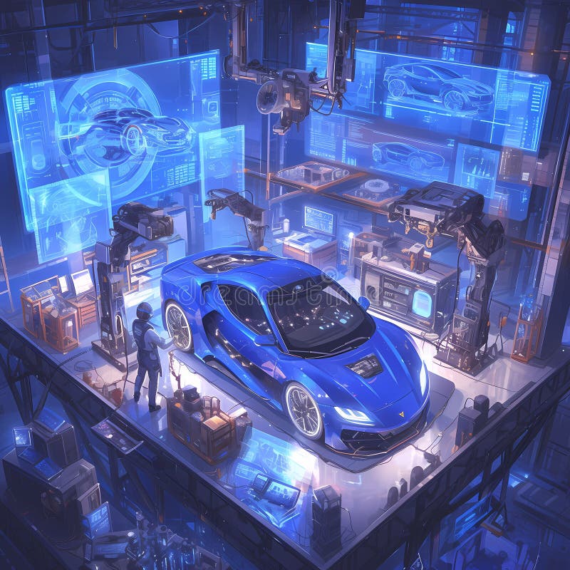 Futuristic Blue Supercar in High-Tech Workshop - Perfect for Automotive ...