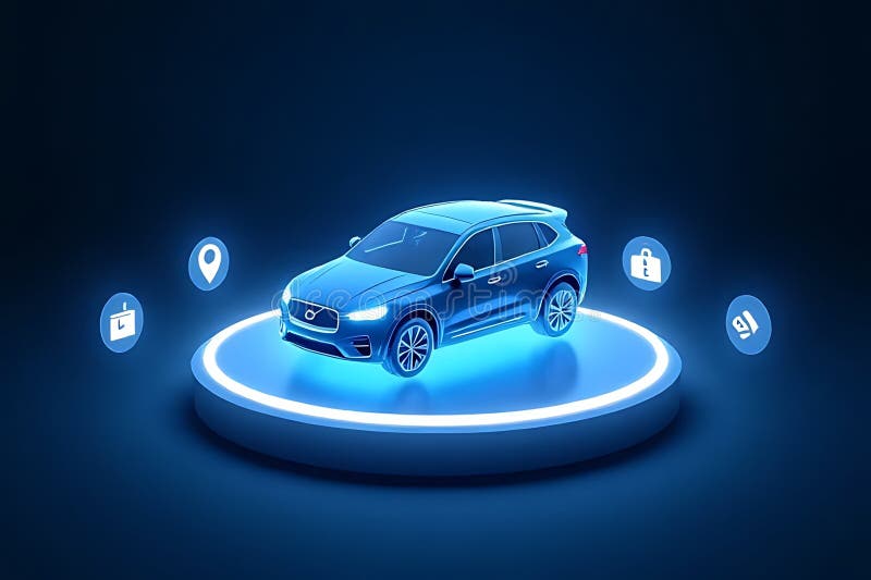 A Futuristic Blue SUV Sits on a Glowing Platform, Surrounded by Digital ...