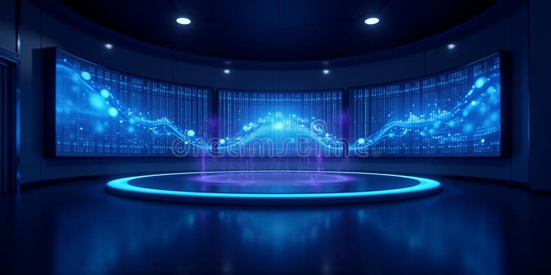 Futuristic Blue Technology Room with Dynamic Screens Stock Illustration ...