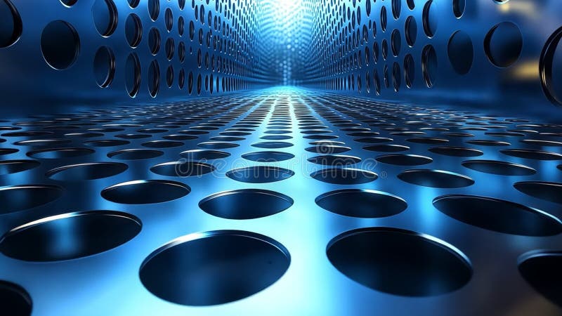 Futuristic Blue Tunnel Featuring Metallic Circular Patterns Creates ...