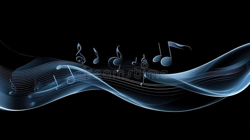Futuristic Blue Wave and Floating Musical Notes on Black Background ...