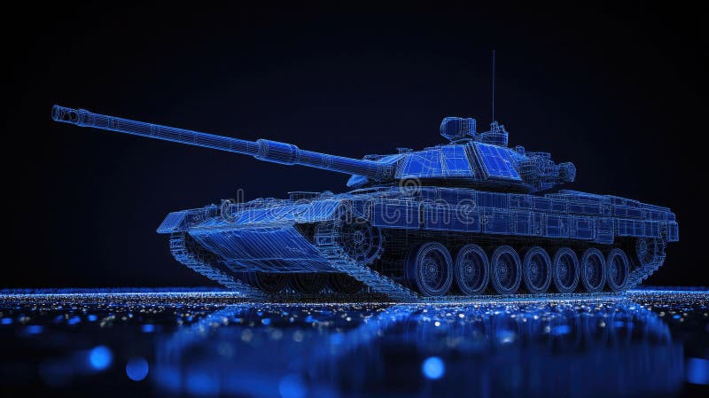 Futuristic Blue Wireframe Tank on Reflective Surface in Dark ...