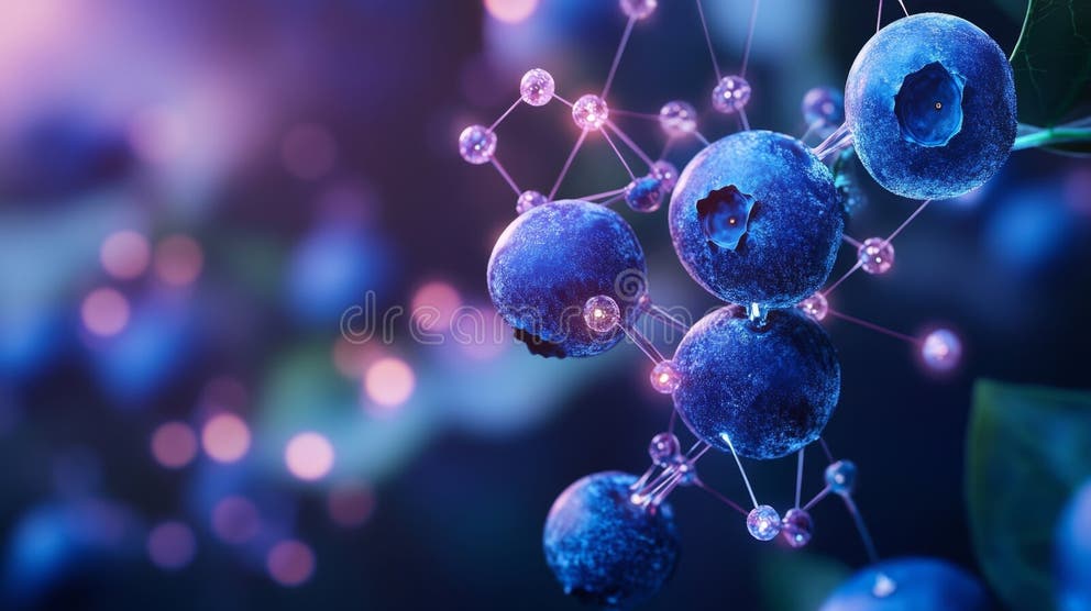 Futuristic Blueberries with Molecular Structures and Glowing Elements ...