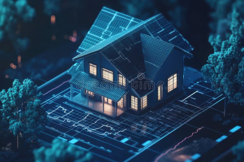 Futuristic Blueprint with Glowing Lines Features Small Illuminated ...