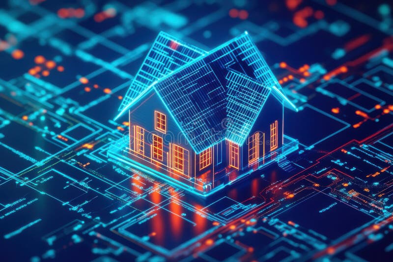 Futuristic Blueprint with Glowing Lines Features Small Illuminated ...