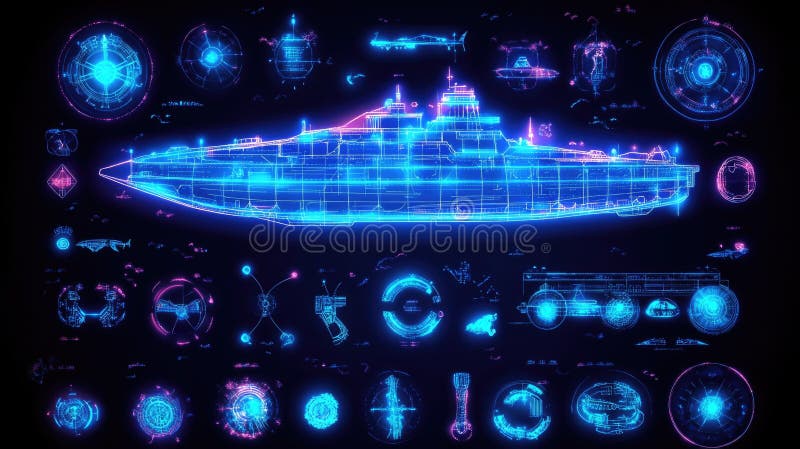 Futuristic Blueprint of High-tech Submarine with Technical Interface ...