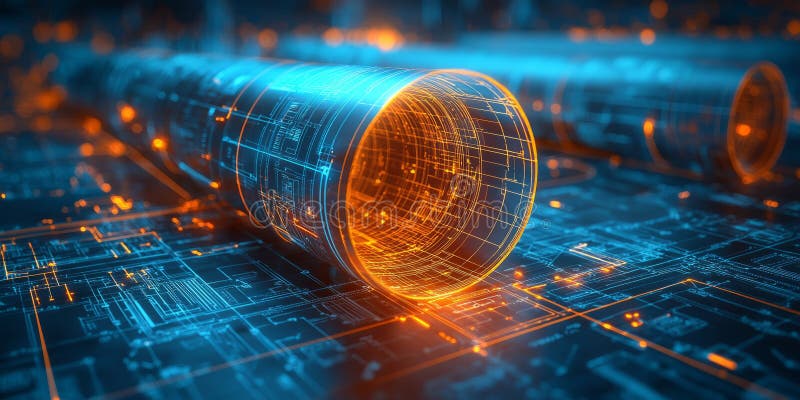 Futuristic Blueprint Tubes with Glowing Elements Stock Photo - Image of ...