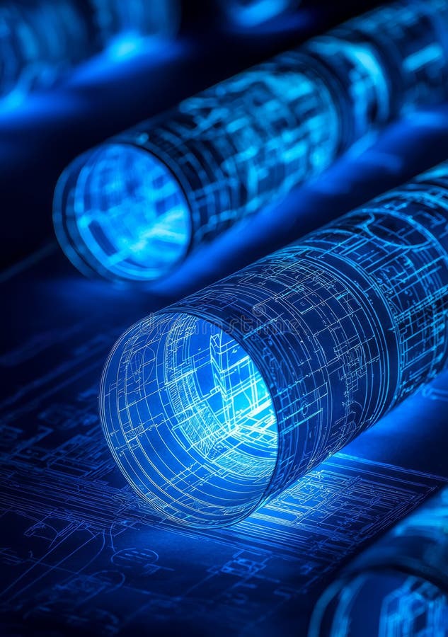 Futuristic Blueprint Tubes with Glowing Elements Stock Image - Image of ...