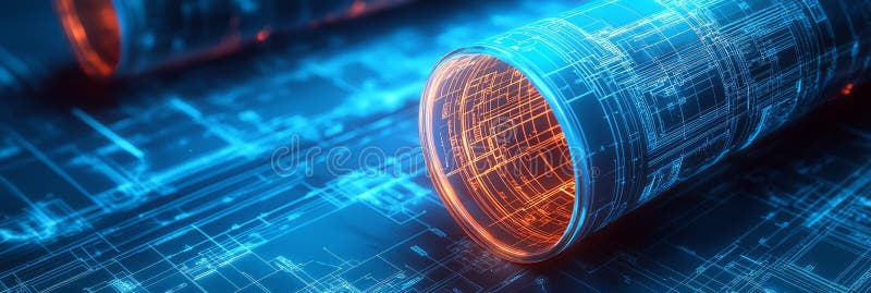 Futuristic Blueprint Tubes with Glowing Elements Stock Photo - Image of ...