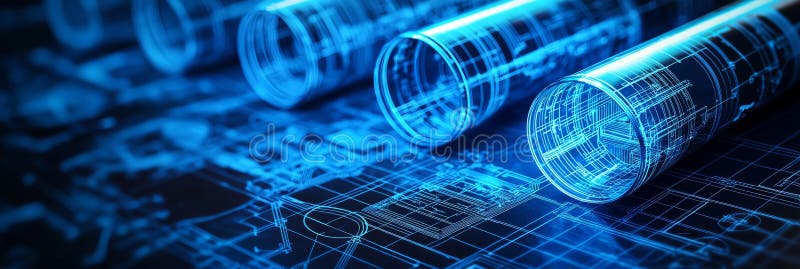 Futuristic Blueprint Tubes with Glowing Elements Stock Image - Image of ...