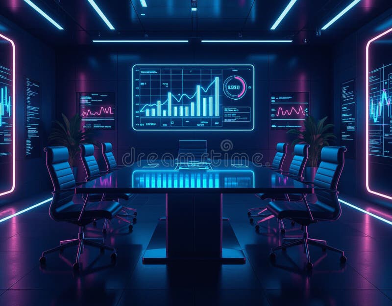 Futuristic Boardroom with Digital Data Dashboards Stock Illustration ...