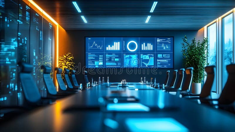Futuristic Boardroom with Digital Data Display Stock Illustration ...