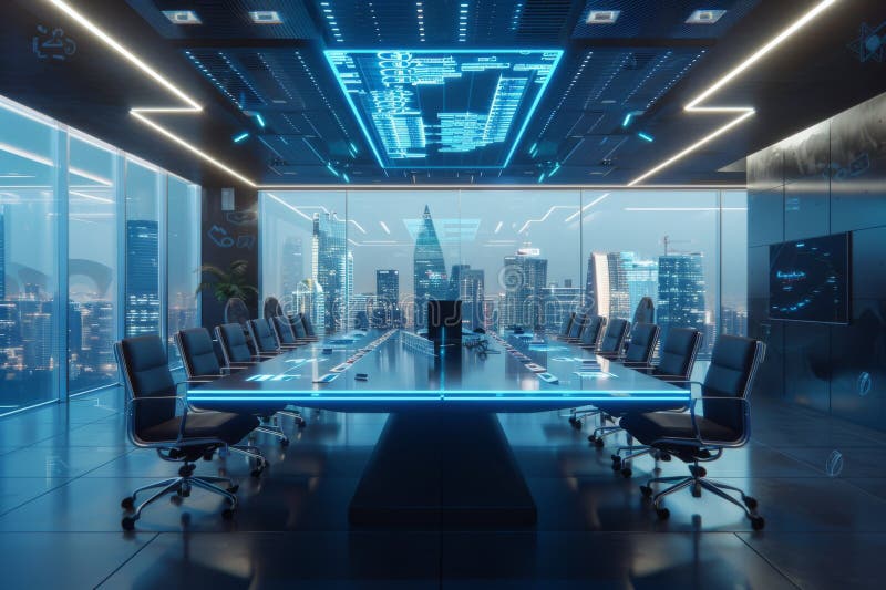 Futuristic Boardroom with Digital Displays and Cityscape Stock ...
