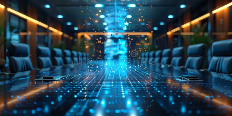 Futuristic Boardroom with a Glowing Holographic Display and High-tech ...