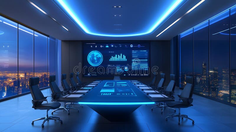 Futuristic Boardroom with Interactive Table and City Night View Stock ...