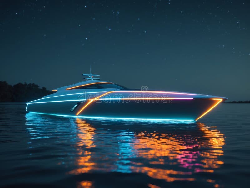 Futuristic Boat Glows on Dark Water at Night Stock Image - Image of ...