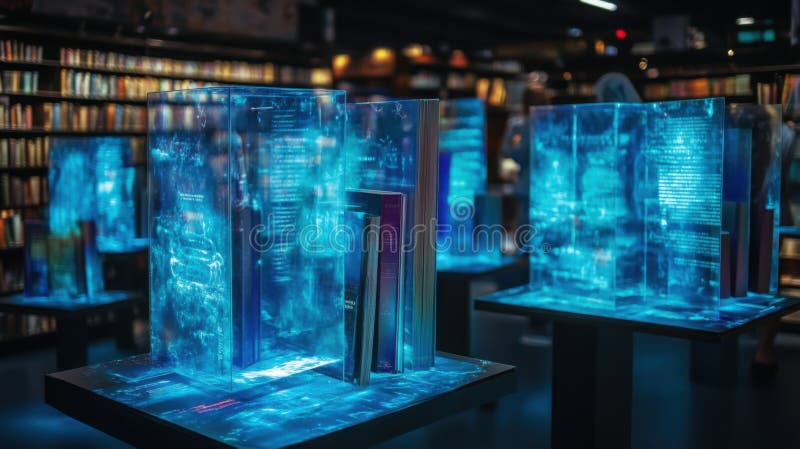 Futuristic Book Display with Holographic Projection in a Bookstore ...