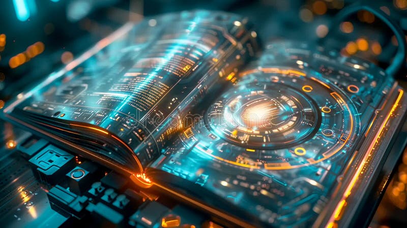 Futuristic Book with Glowing Circuits and Digital Interface Stock ...