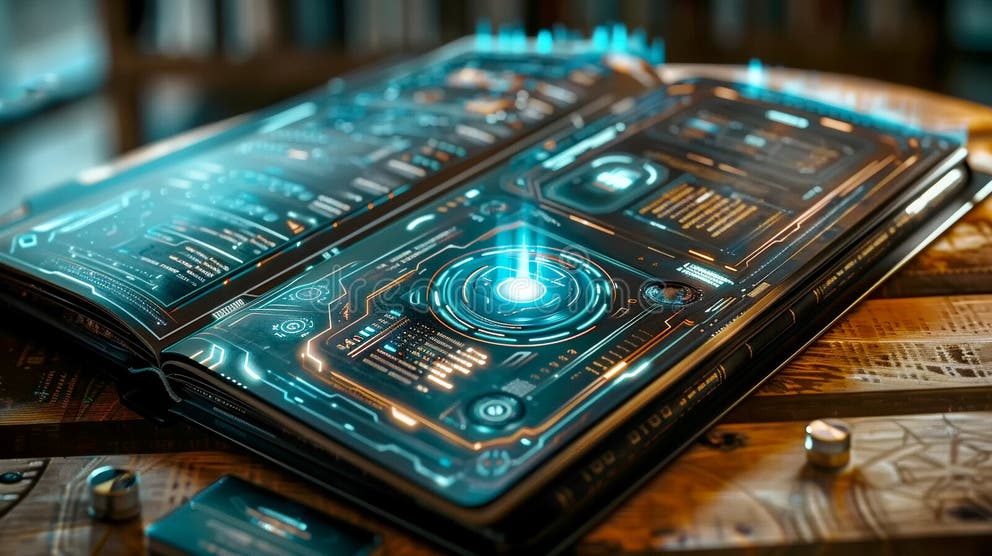 Futuristic Book with Glowing Interface and Digital Data Stock ...