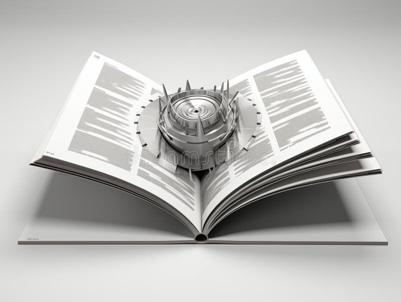 Futuristic Book with Metallic Mechanism Emerging from Its Pages on a ...