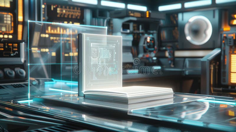 A Futuristic Book Mockup Positioned on a High-tech Console in a Virtual ...