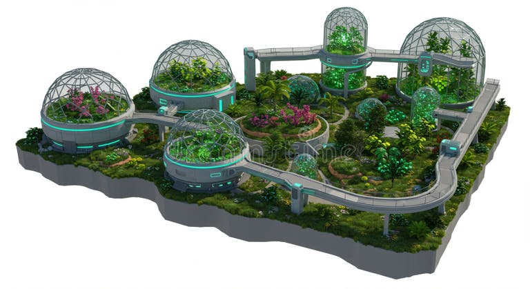 Futuristic Botanical Complex Featuring Multiple Interconnected Geodesic ...