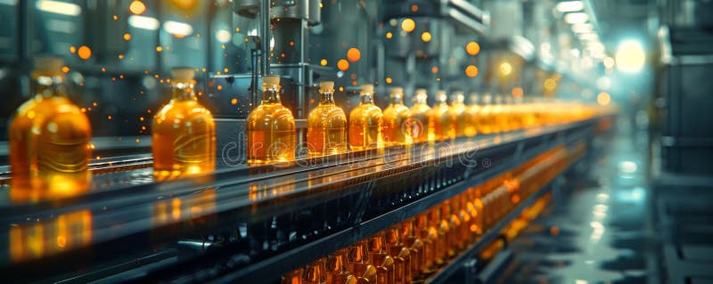 Automated Liquor Bottling Line Modern Factory Amber Bottles Stock ...