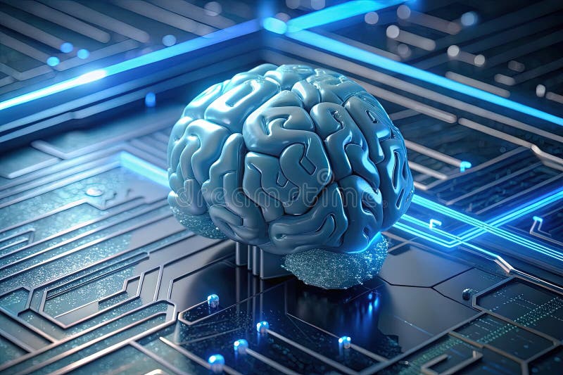 Futuristic Brain on Circuit Board with Neon Blue Lines and Lights Stock Illustration ...