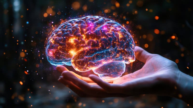Futuristic Brain Concept in a Human Hand with Neon Lights and Particles ...