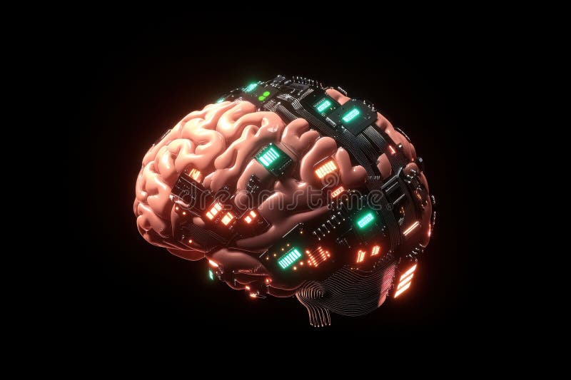 Futuristic Brain with Digital Circuitry Illuminated Against Dark ...