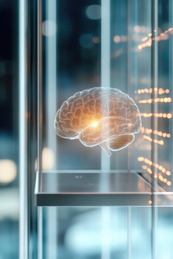 Futuristic Brain Hologram Display in Modern Glass Case for Technology ...