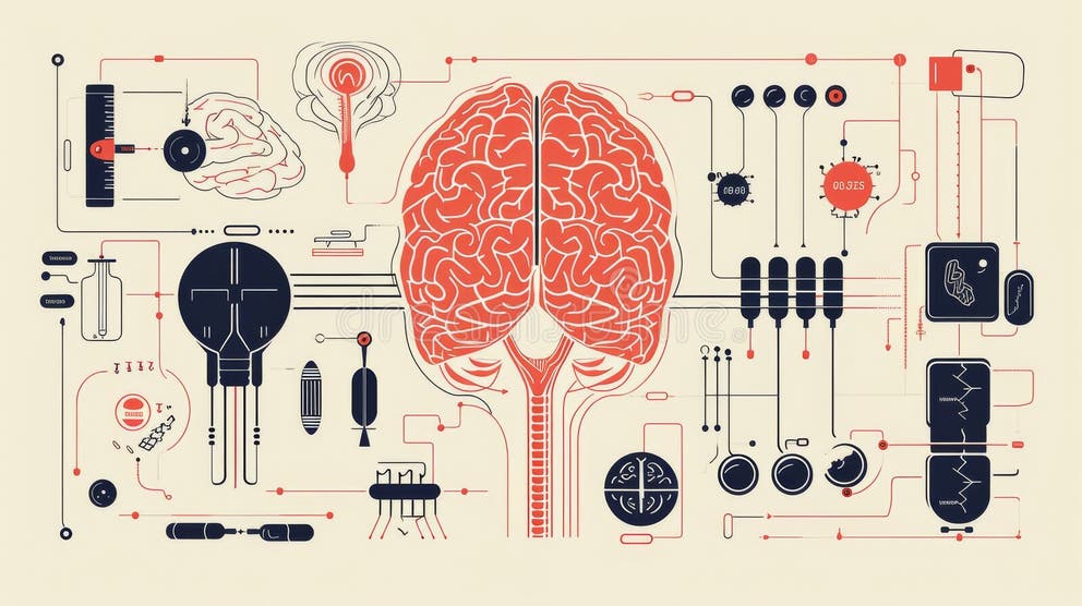 Futuristic Brain Infographic with Circuit Elements and Data Flow Stock ...