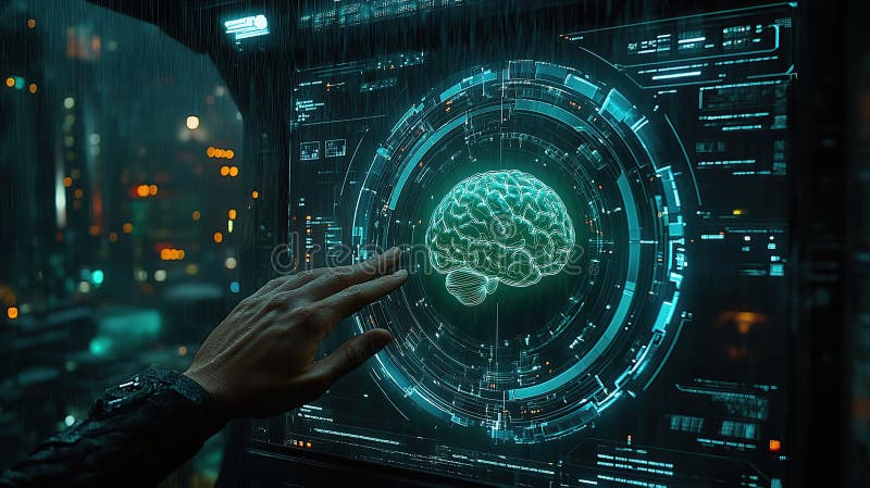 Futuristic Brain Interface, Rain, City, Digital Analysis Stock ...