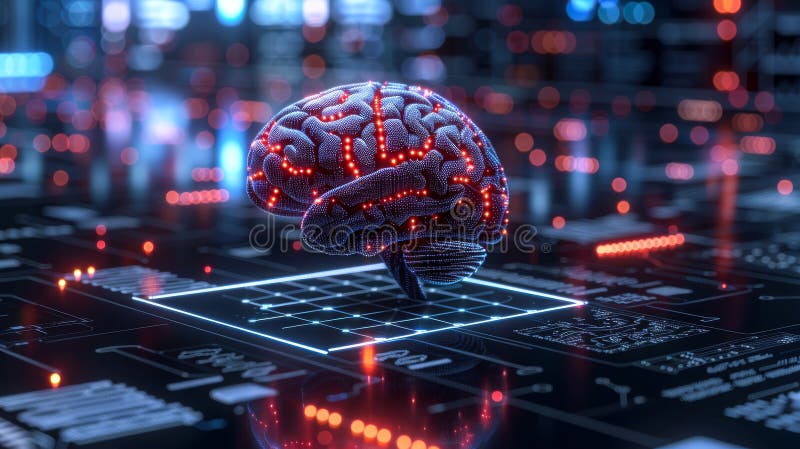A Futuristic Brain Model Glowing on a Tech Grid. Stock Photo - Image of ...