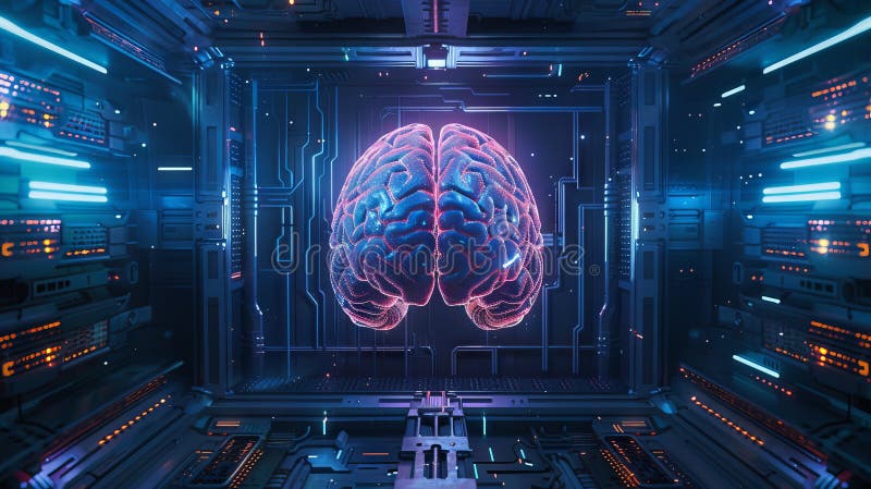 Futuristic Brain in Neon Colors. Glowing Brain in Intricate Network ...
