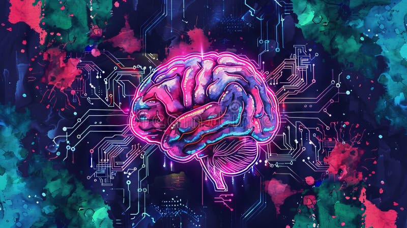 Futuristic Brain in Neon Colors. Glowing Brain in Network Setting Stock ...