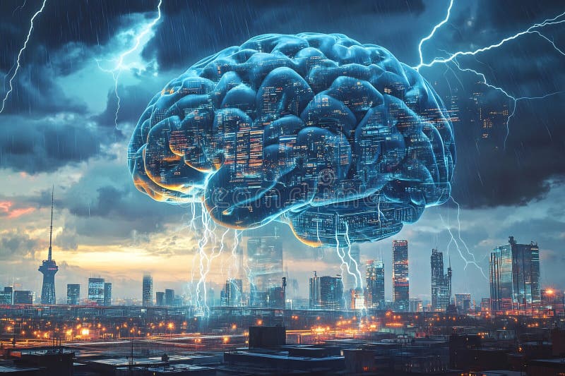A Futuristic Brain Powering a Dystopian City Skyline during a Stormy ...