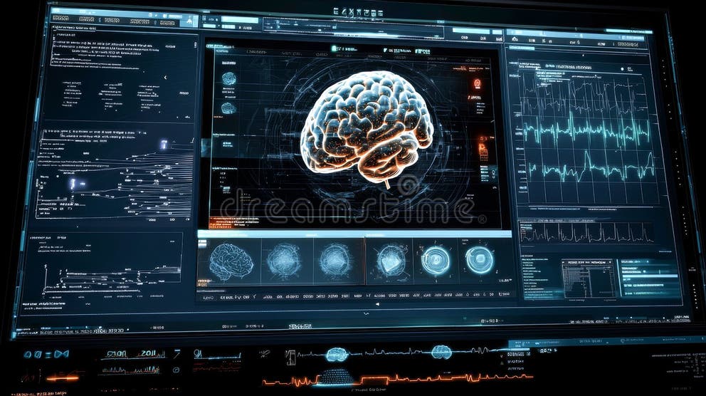 Futuristic Brain Scan Interface with AI Neural Network Visualization on ...