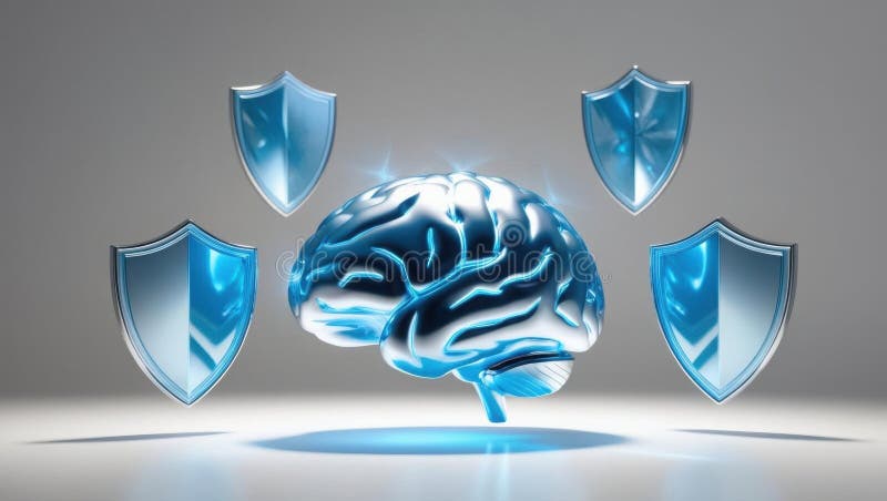 Futuristic Brain Surrounded by Protective Shields, Symbolizing Security ...