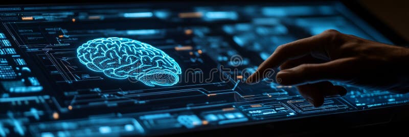 Futuristic Brain Visualization with Digital Interface and Human Interaction, AI Data Concept ...
